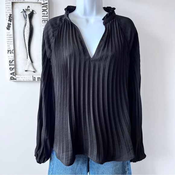 Express | Tops | Express Pleated Black Blouse Tunic Ballon Sleeve Top ...